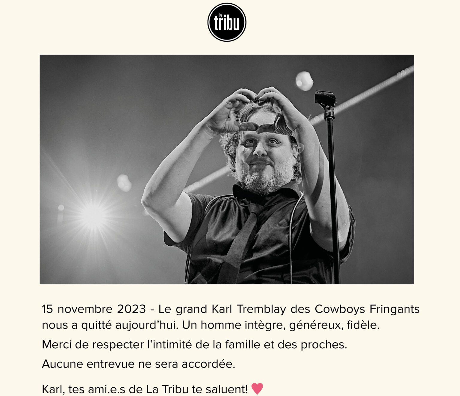 Le grand Karl Tremblay des Cowboys Fringants nous a quitté aujourd'hui ...